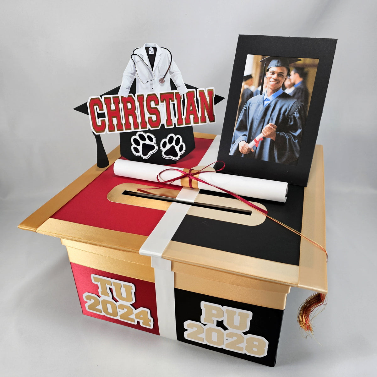 High School to Graduation Card Box, 10x10 - Maroon, Black, Gold ...