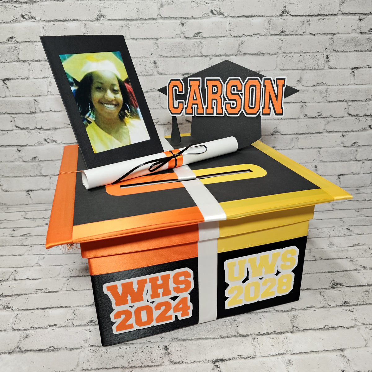 High School to Graduation Card Box, 10x10 - Black, Orange, Yellow Gold ...