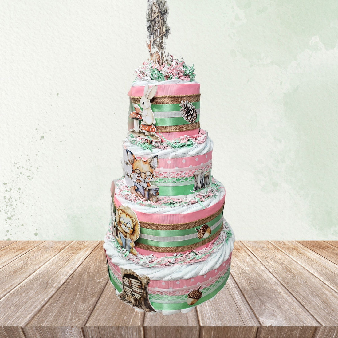 Storybook Diaper Cake Centerpiece, Pink, Mint, Brown| Nepheryn Party