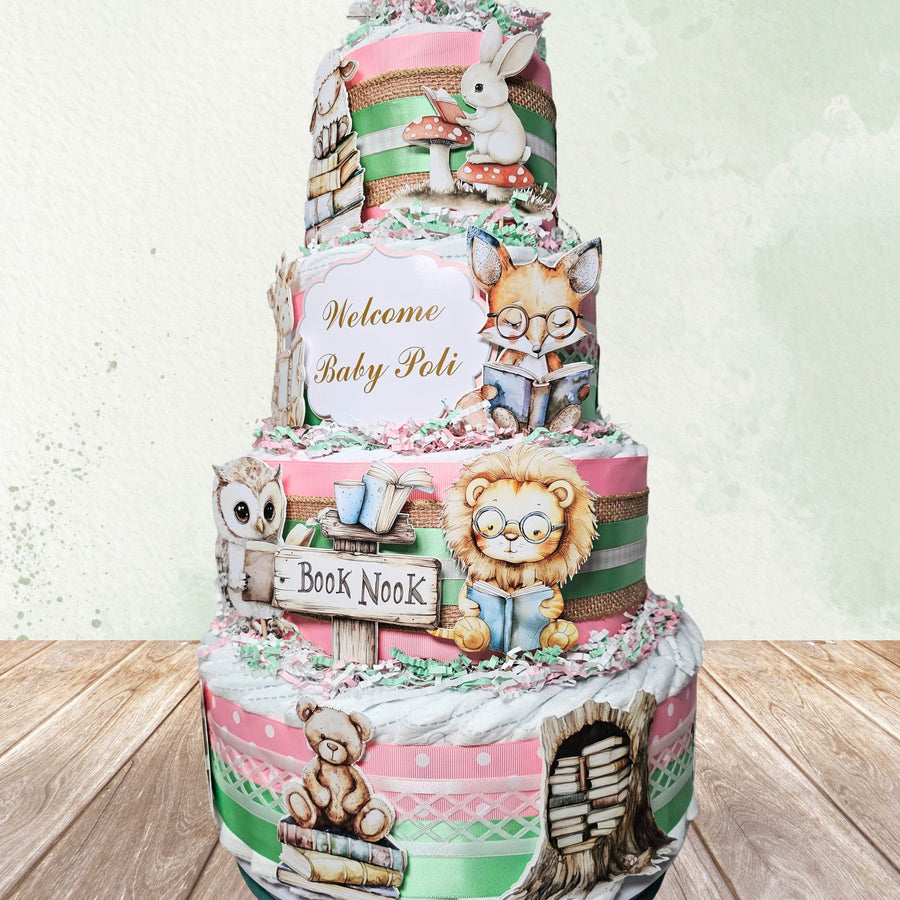 Storybook Diaper Cake Centerpiece, Pink, Mint, Brown| Nepheryn Party