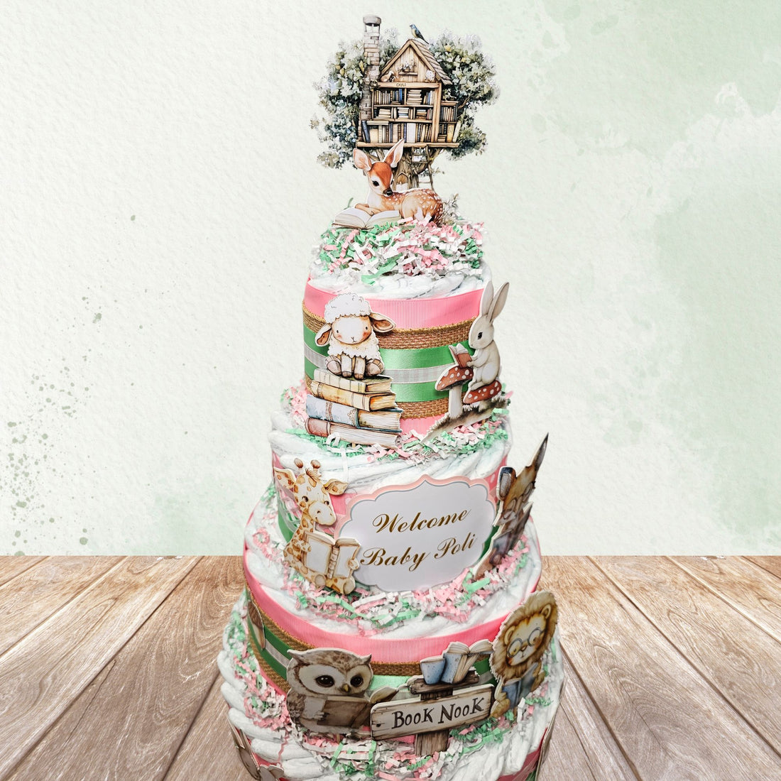 Storybook Diaper Cake Centerpiece, Pink, Mint, Brown| Nepheryn Party