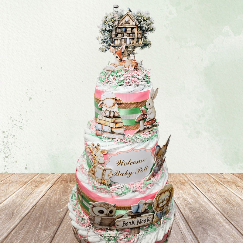 Storybook Diaper Cake Centerpiece, Pink, Mint, Brown| Nepheryn Party