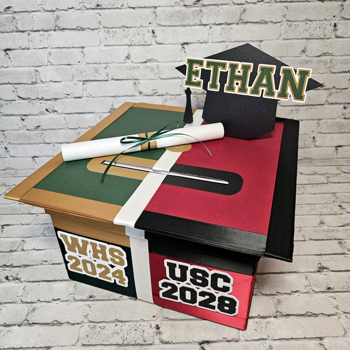 High School to Graduation Card Box, 10x10 - Hunter Green, Light Gold ...