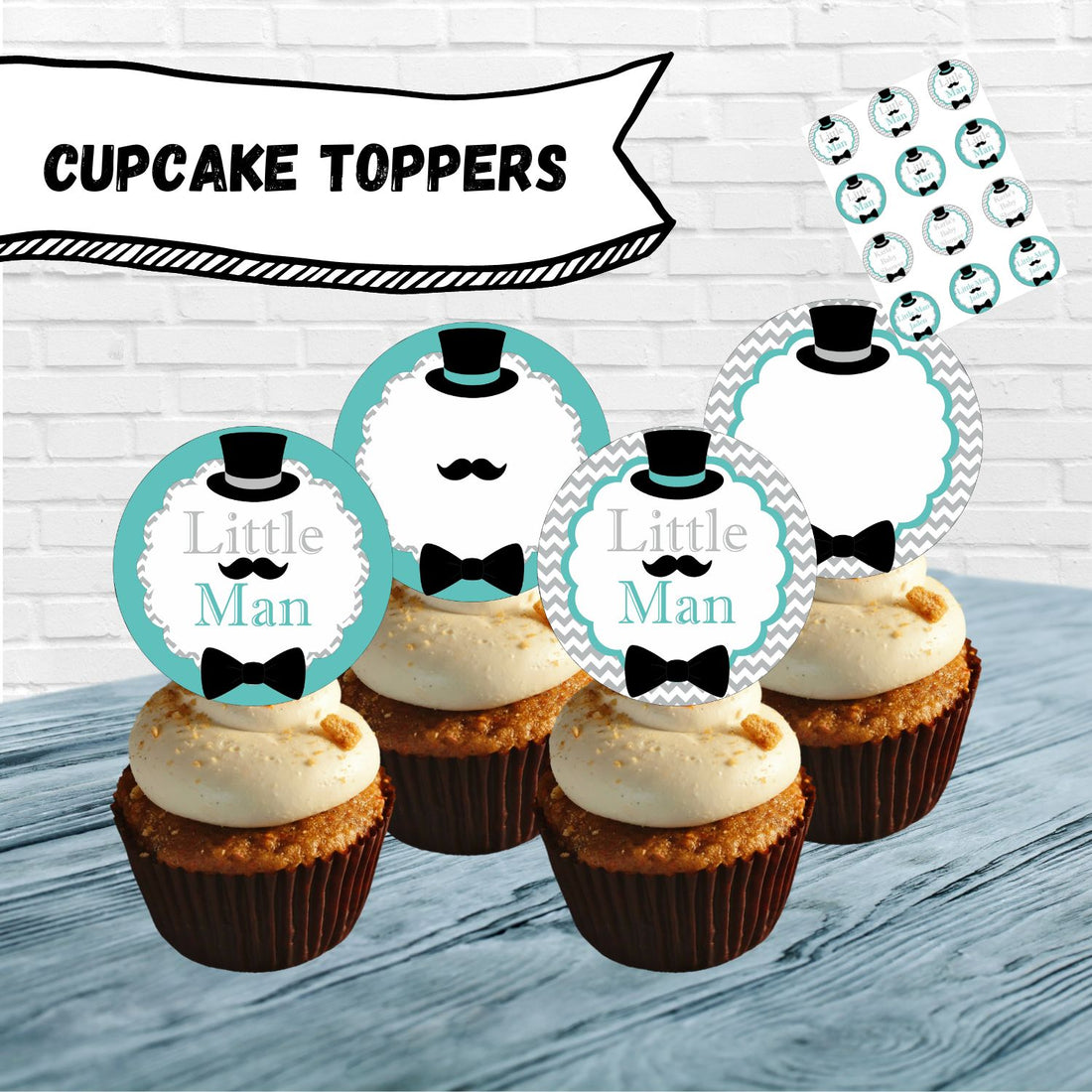 Printable Little Man Cupcake Toppers - Teal, Gray| Nepheryn Party