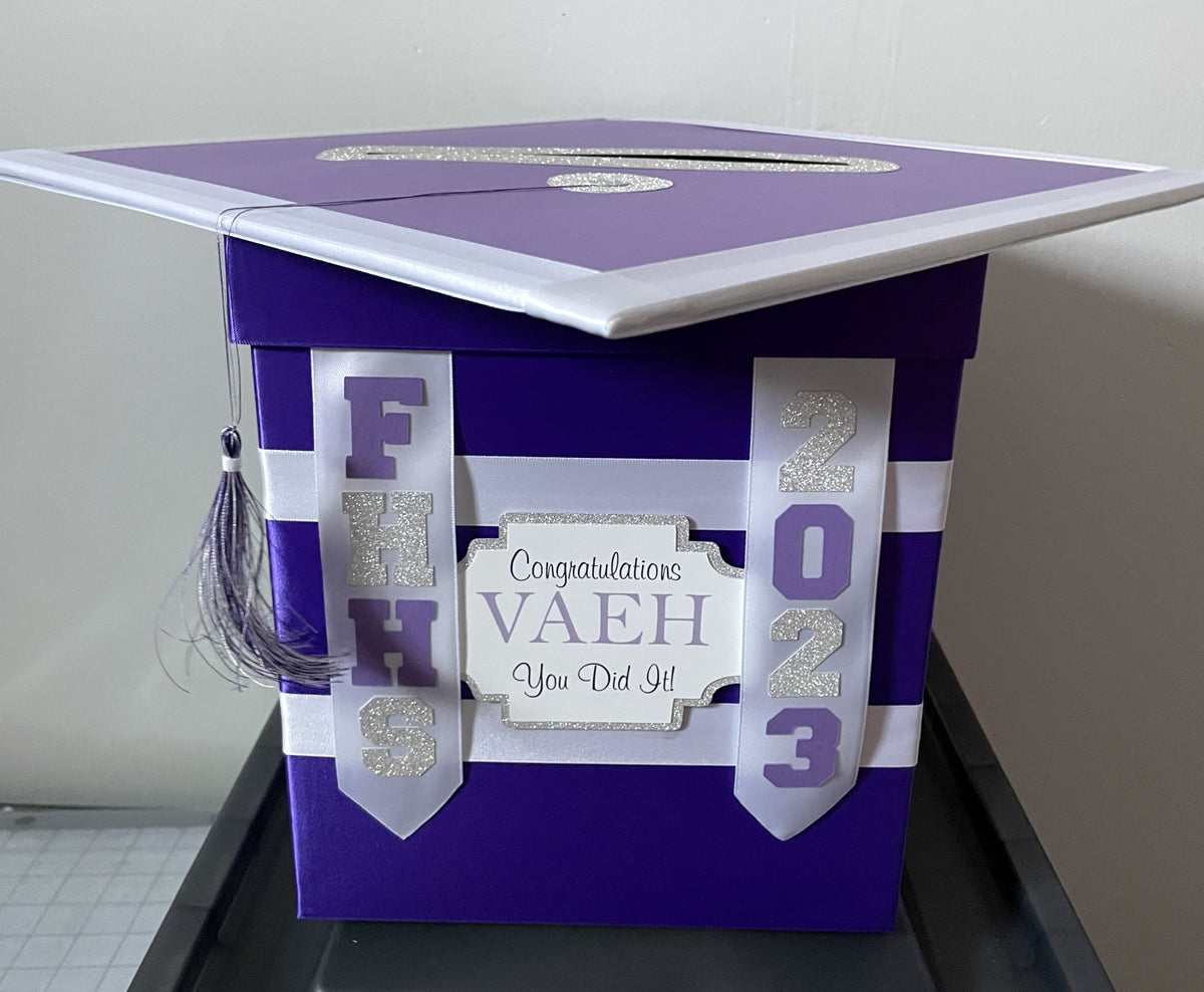 Graduation Cap Card Box - Purple, White 8x8 Style 6| Nepheryn Party