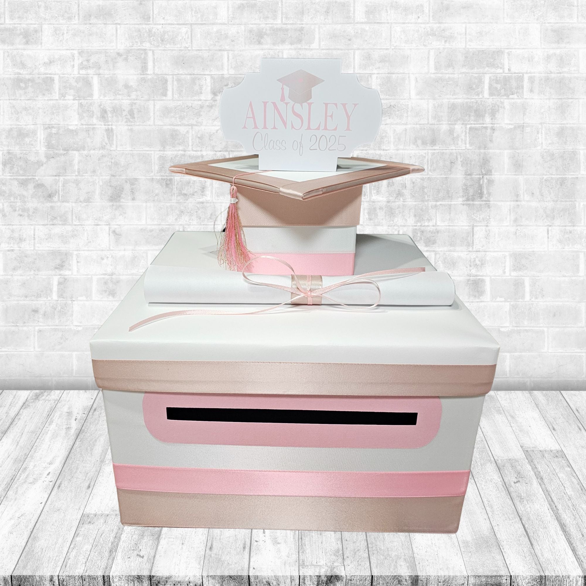 Graduation Card Box, White, Champagne, Pink 10x10| Nepheryn Party