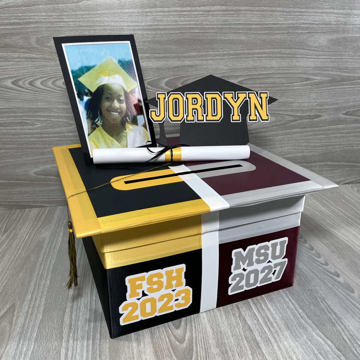 High School to Graduation Card Box, 10x10 - Burgundy, Gray, Black, Yel ...
