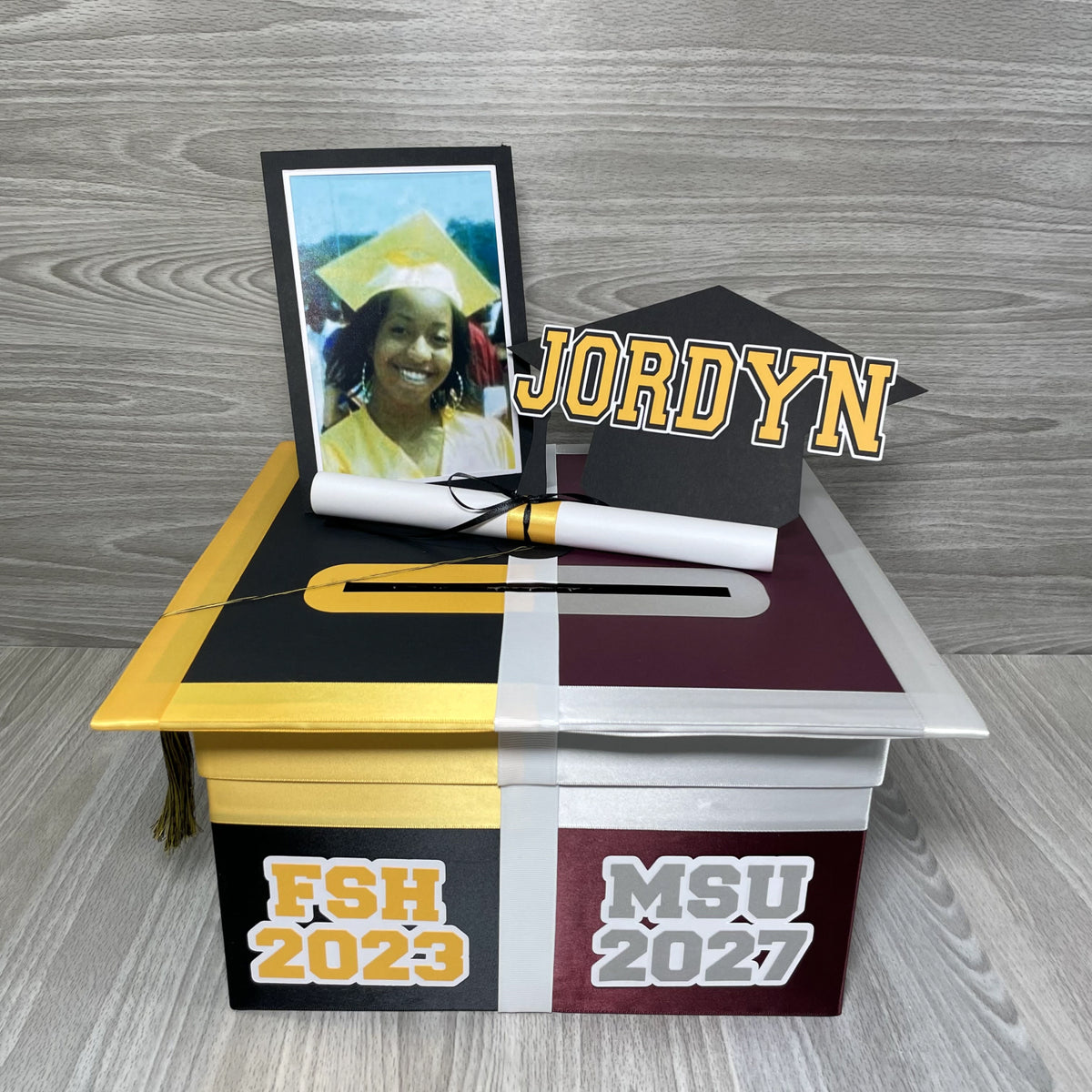 High School to Graduation Card Box, 10x10 - Burgundy, Gray, Black, Yel ...