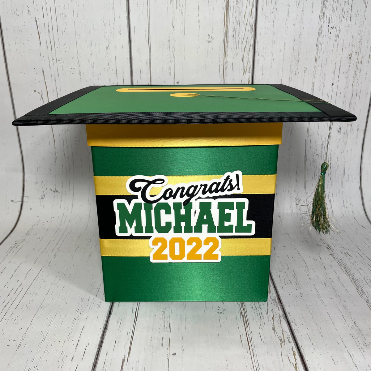 Graduation Cap Card Box - Green, Yellow Gold, Black 8x8 | Nepheryn Party