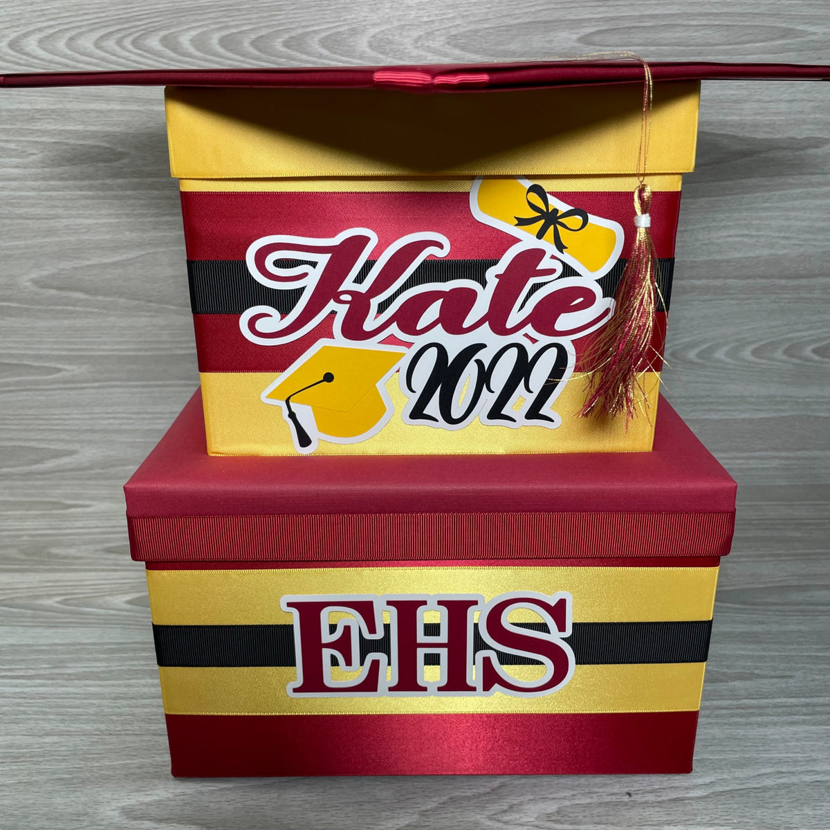 Graduation Card Box - Maroon, Yellow Gold, Black 2-Tier| Nepheryn Party