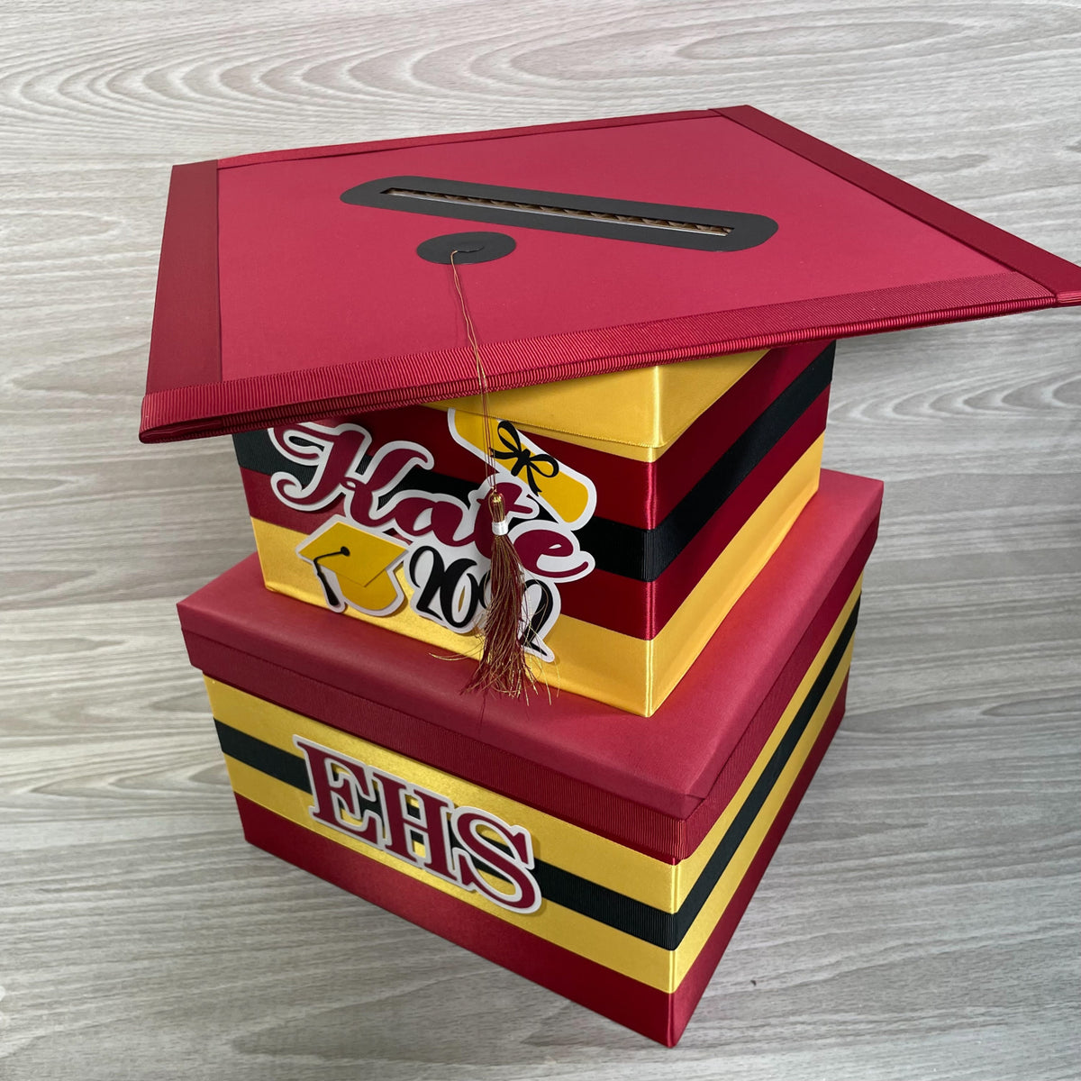 Graduation Card Box - Maroon, Yellow Gold, Black 2-Tier| Nepheryn Party